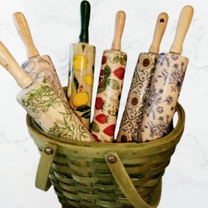 Vintage Style Rolling Pin Solid Wood Floral Fruit Holiday Designs ...
