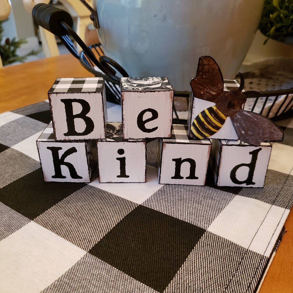 Be Kind Wood Blocks Set With Rusted Metal Bumble Bee | Etsy