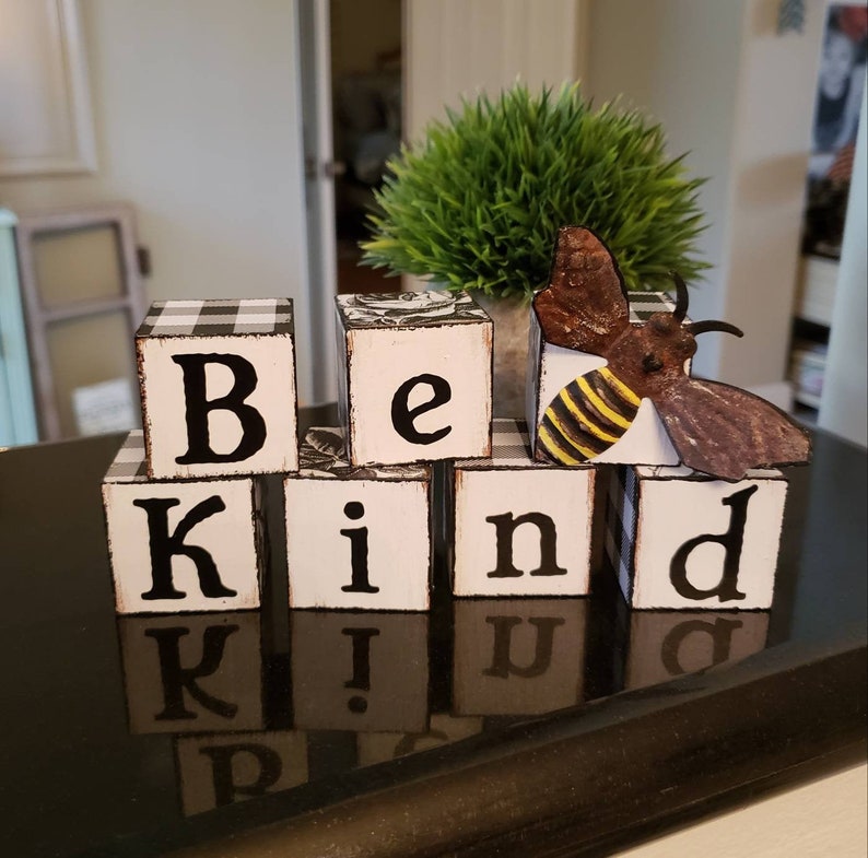 Be Kind Wood Blocks Set With Rusted Metal Bumble Bee - Etsy