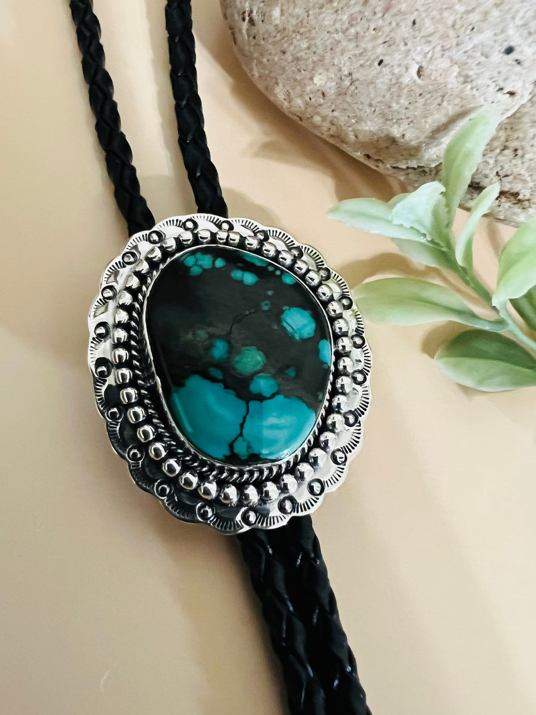 Genuine Turquoise Bolo Tie/ Leather Bolo Tie/ Genuine Sterling Silver ...