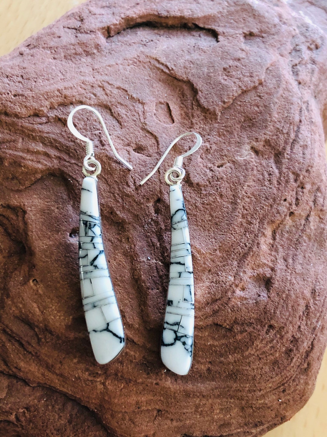 White Buffalo Turquoise Inlay/ Stick White Turquoise Silver Earrings ...