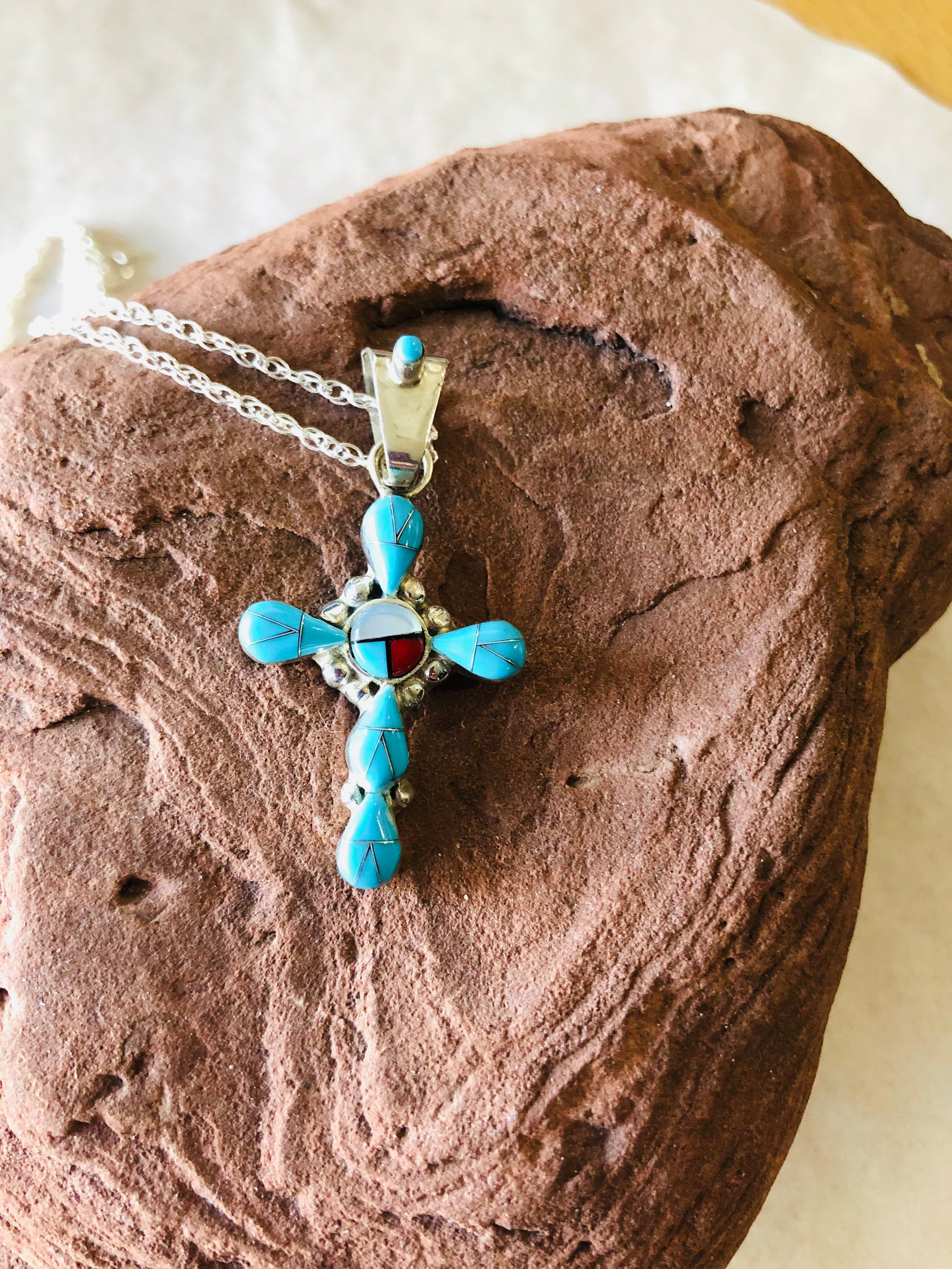 Southwestern Inlay Turquoise Cross Pendant Necklace/Blue | Etsy