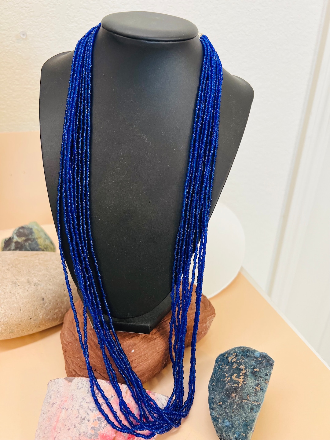Blue Necklace/ Multi Strand Blue Seeds Beads Necklace/ 10 Strands 29 ...