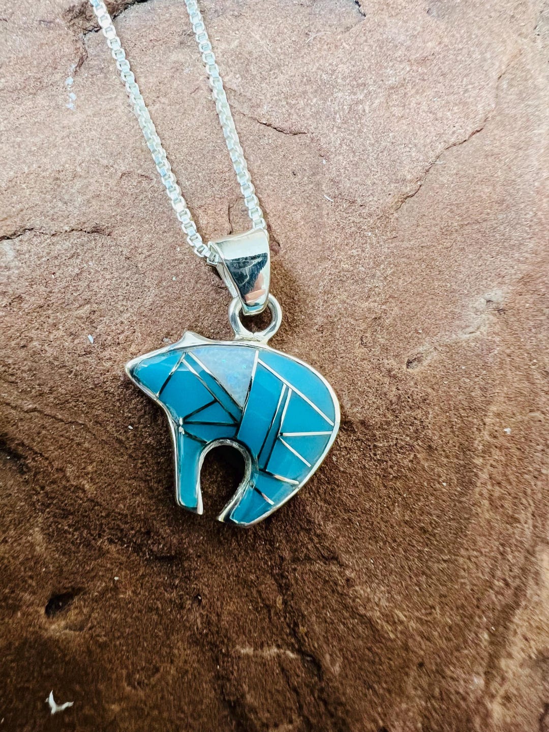 Sterling Silver Turquoise Bear Inlay Bear Pendant Necklaces/kingman ...