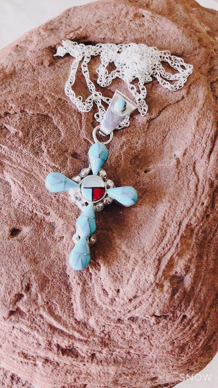 Southwestern Inlay Turquoise Cross Pendant Necklace/blue Cross/925 ...