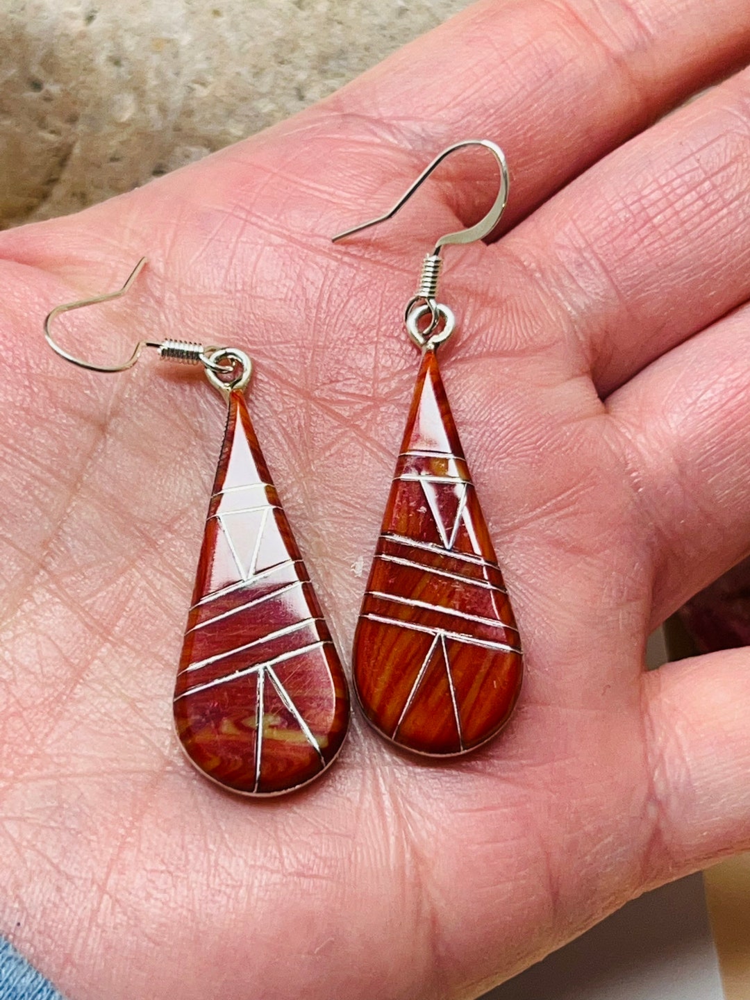 Coral Earrings/spiny Oyster Inlay Earrings/sterling Silver Large ...