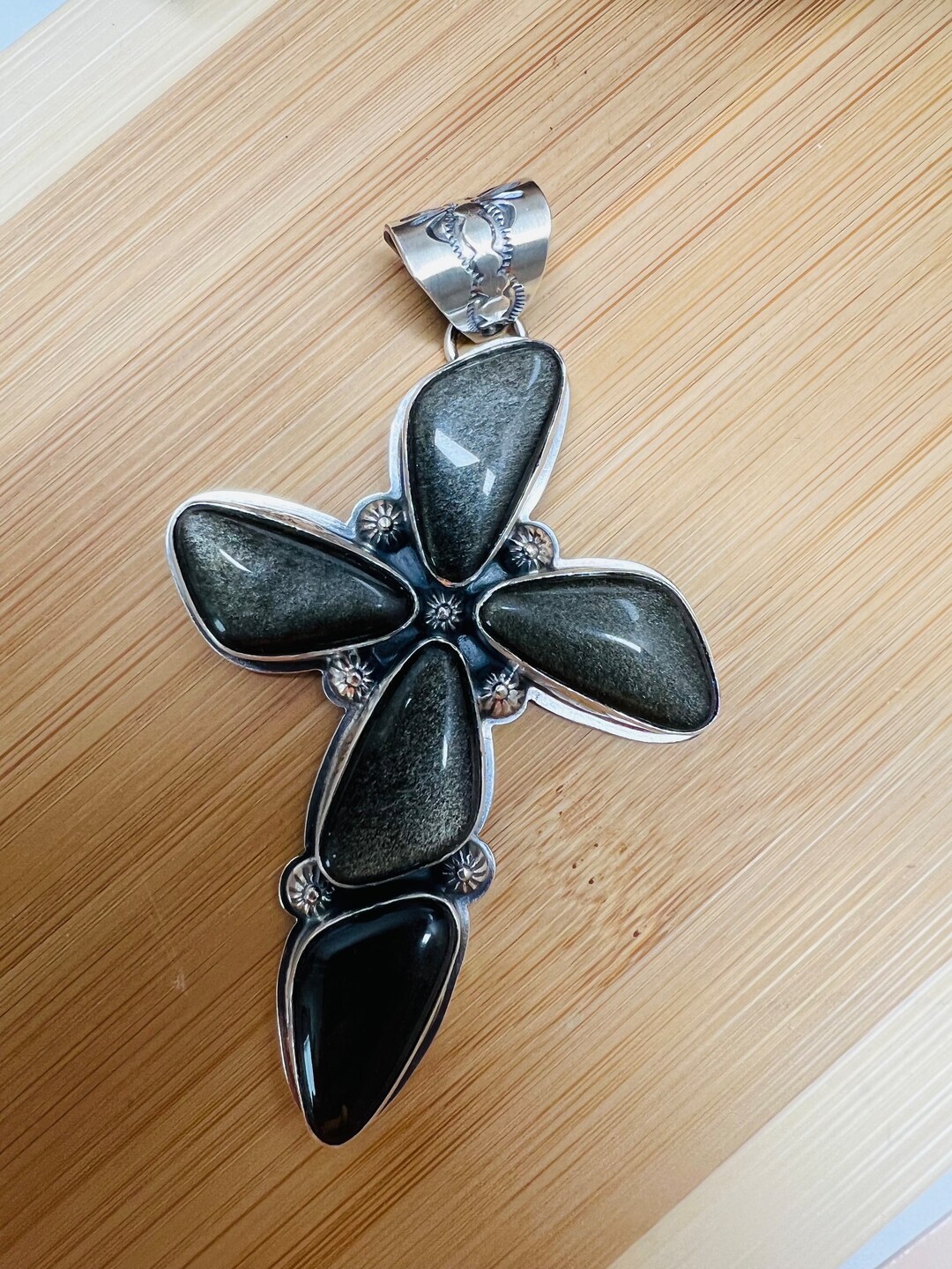 Large Cross Pendant/ Black Obsidian Cross/sterling Silver Green ...