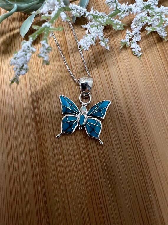 Small butterfly Blue Turquoise butterfly Sterling Silver blue Turquoise inlay Butterfly pendant necklaces Small Silver butterfly pendant Etsy