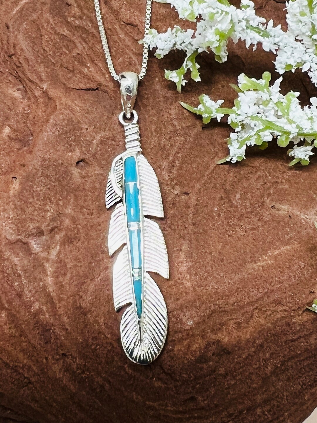 Feather /feather Necklace /sterling Silver Turquoise Inlay Feathers ...