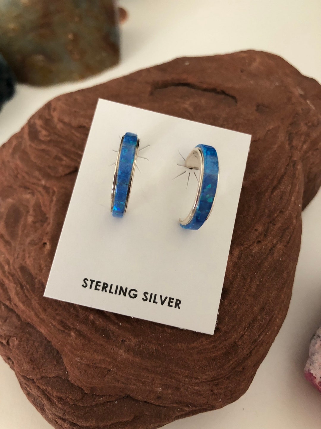 Hoops Earring/inlay/dark Blue Opal Inlay Earrings/hoops Opal - Etsy