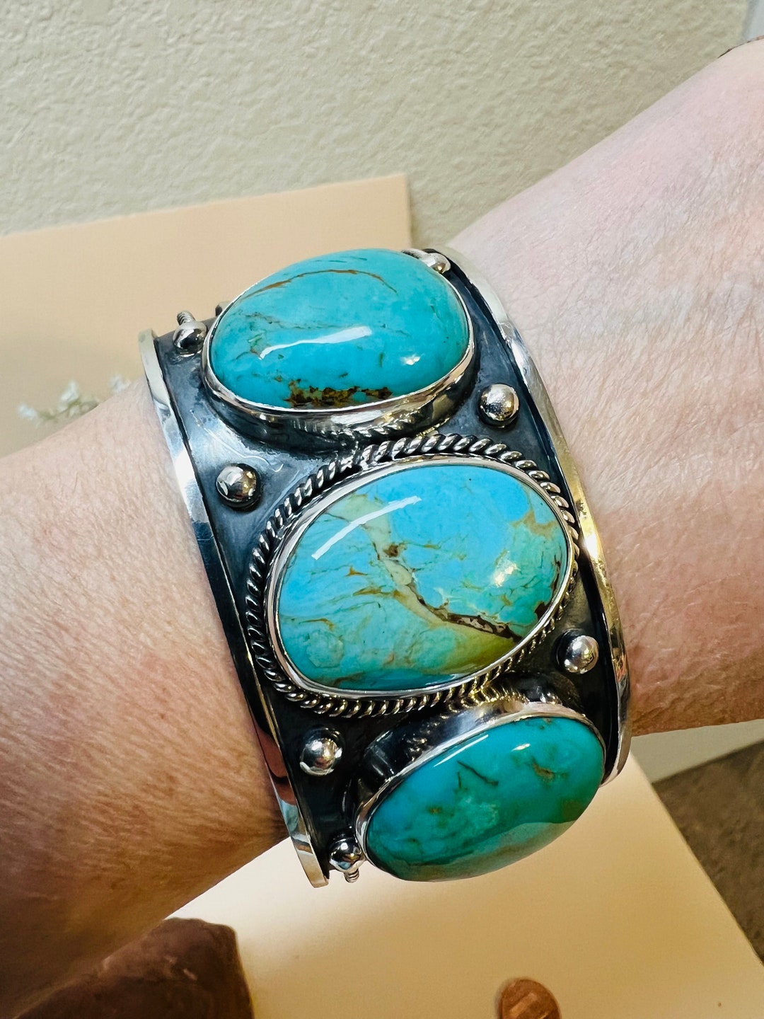Genuine Blue Kingman Turquoise 925 Sterling Silver Cuff Bracelet ...