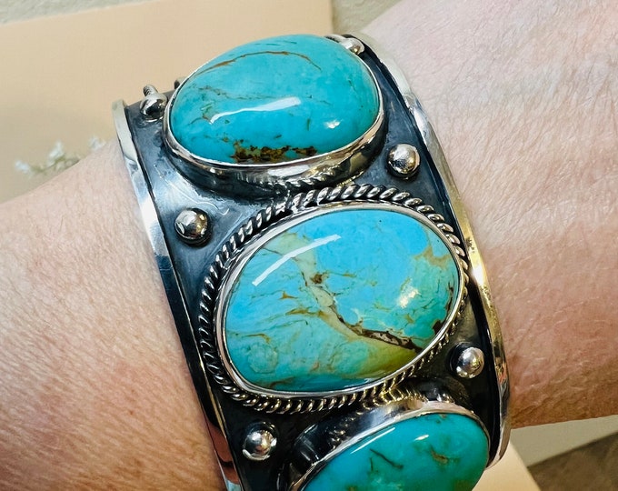 Genuine Blue Kingman Turquoise 925 Sterling Silver Cuff Bracelet ...