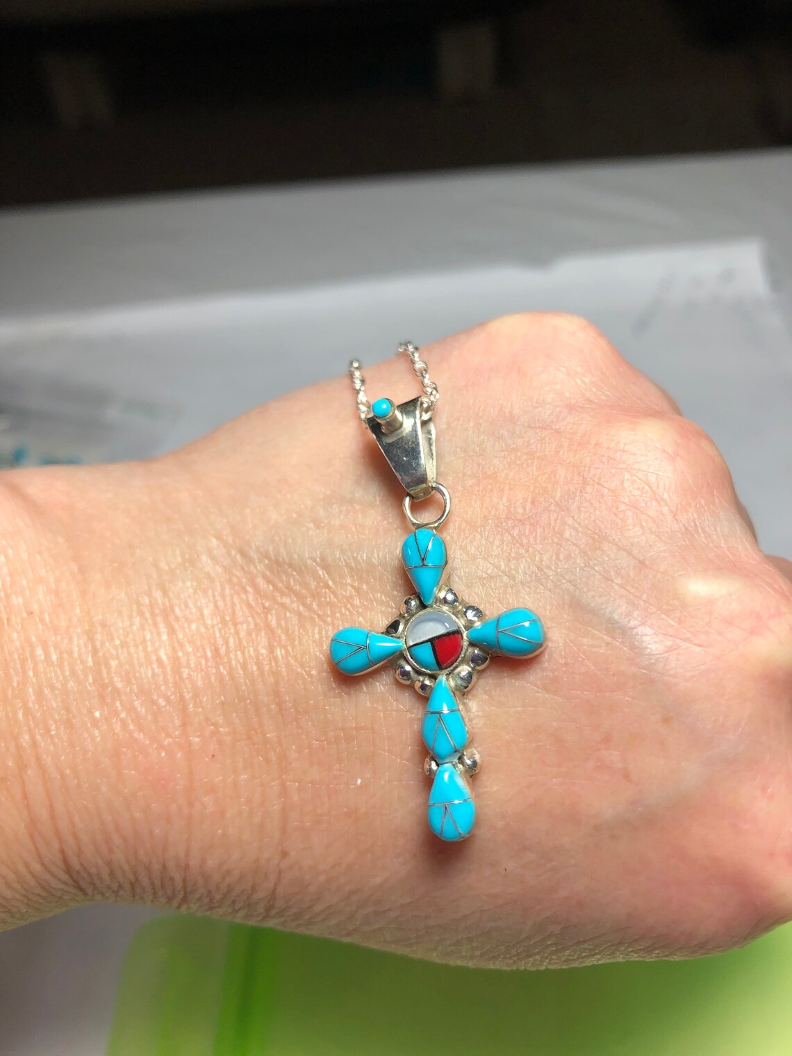 Southwestern Inlay Turquoise Cross Pendant Necklace/blue | Etsy