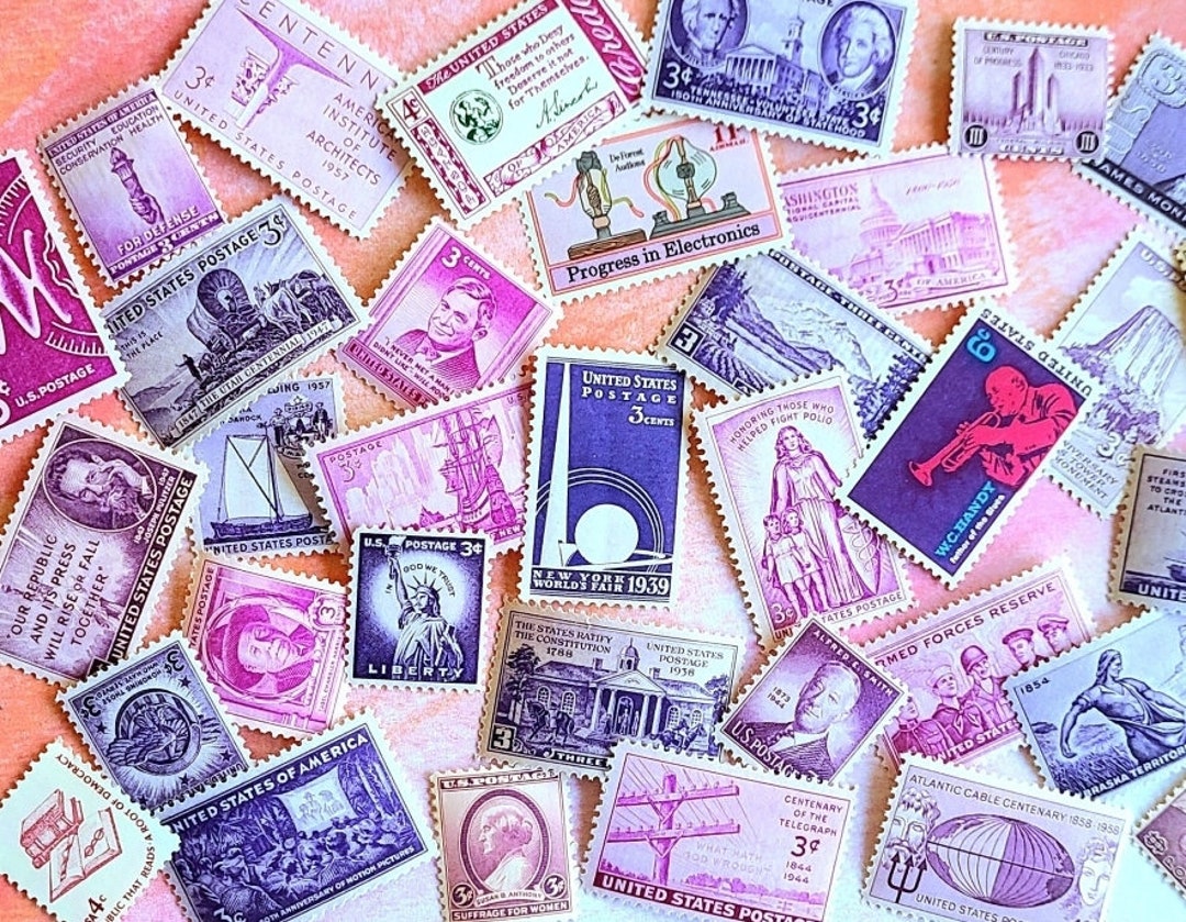 50 Different Unused Pink & Purple Shades Postage Stamps. Vintage 1 Cent ...