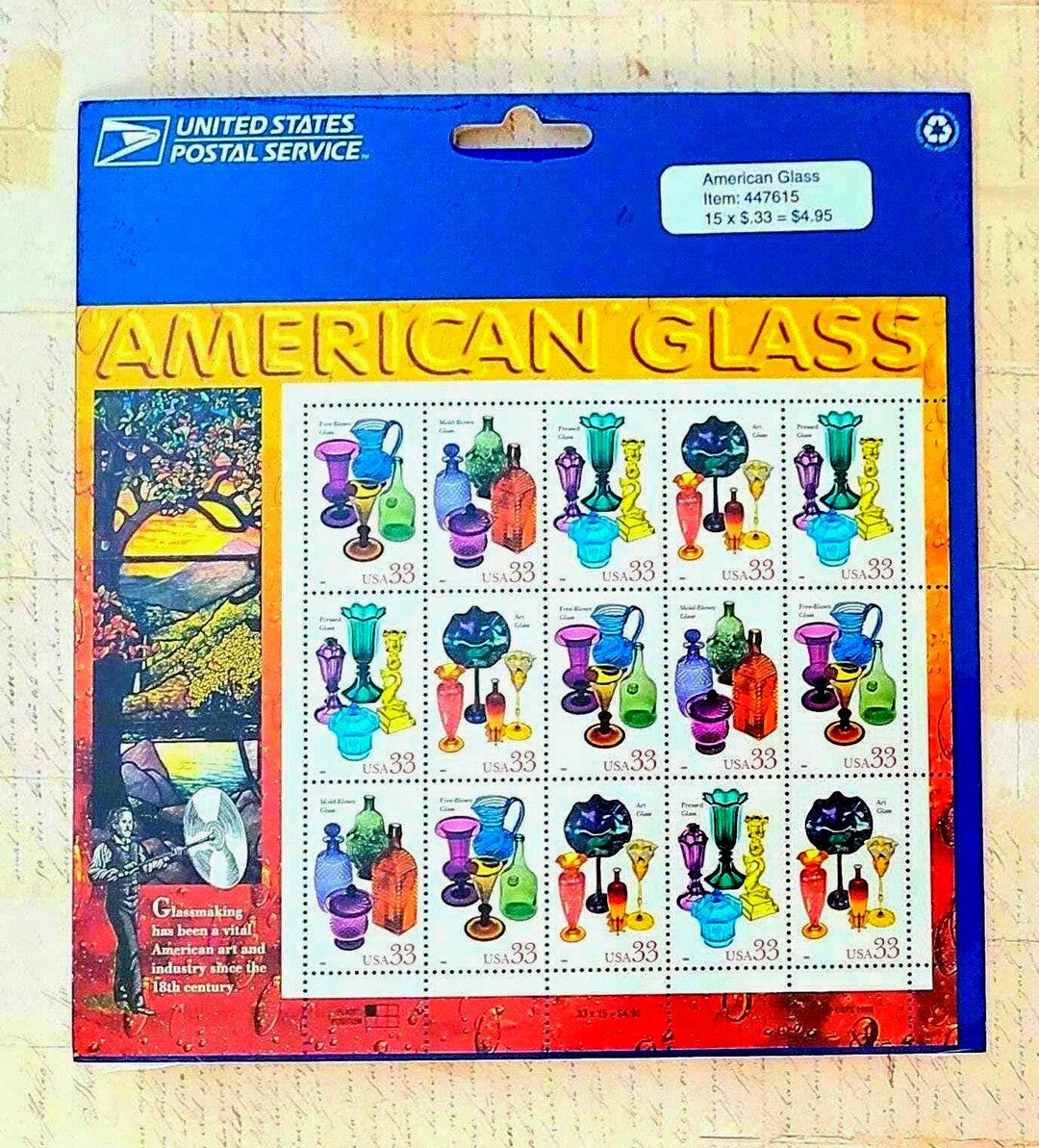 15 Vintage AMERICAN GLASS 33 Cents Unused Postage Stamps. Full Sheet ...