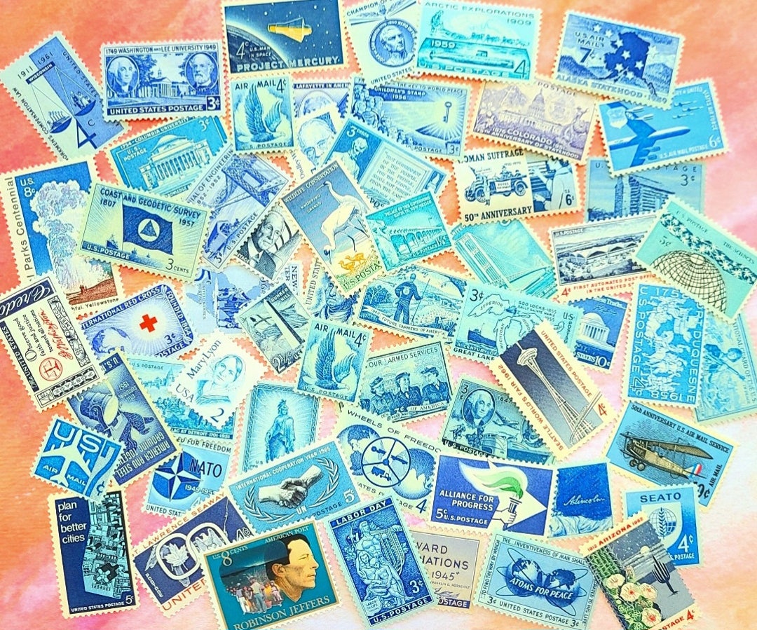 100 Unused Different Vintage BLUE Shades U.S. Postage Stamps. 1-cent to ...