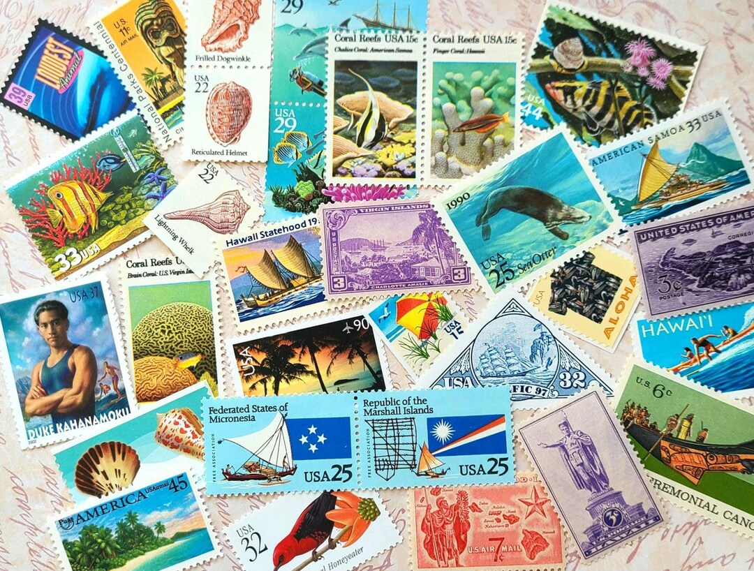 68 Pc ... 32 Vintage TROPICAL, ISLAND & BEACH Unused Postage Stamps 36 ...