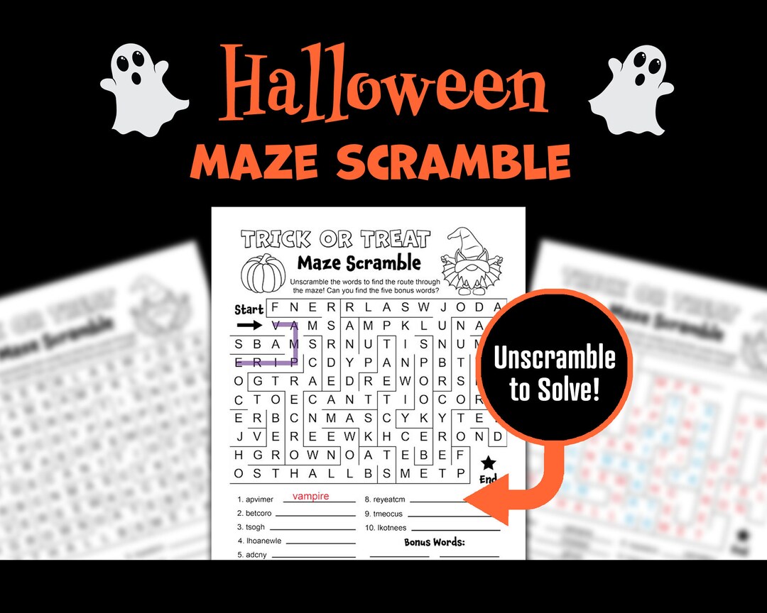 Halloween Maze Printable: Spooky Vibes Word Scramble Fall Word Search ...