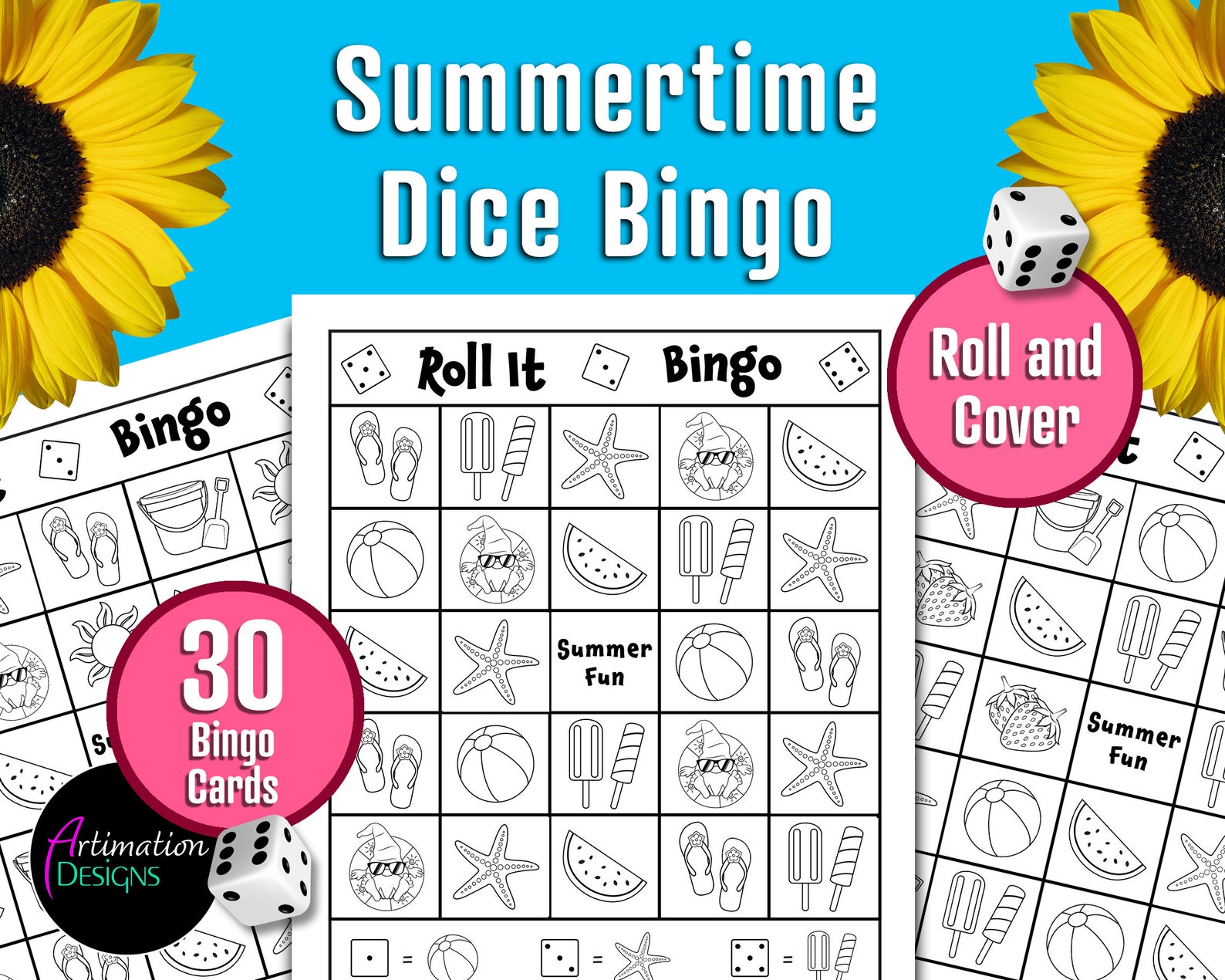 Printable Summer Bingo for Kids Roll and Cover Bingo Dice - Etsy