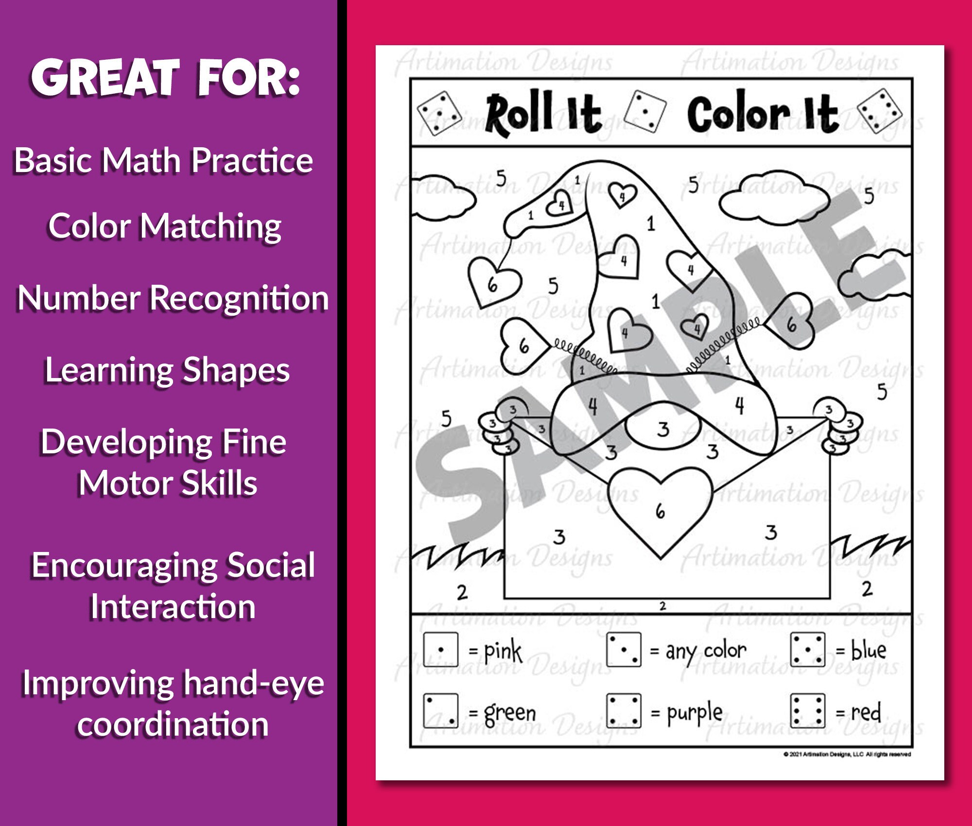 Printable Valentine Gnome Color by Number: Roll and Color Dice Game ...