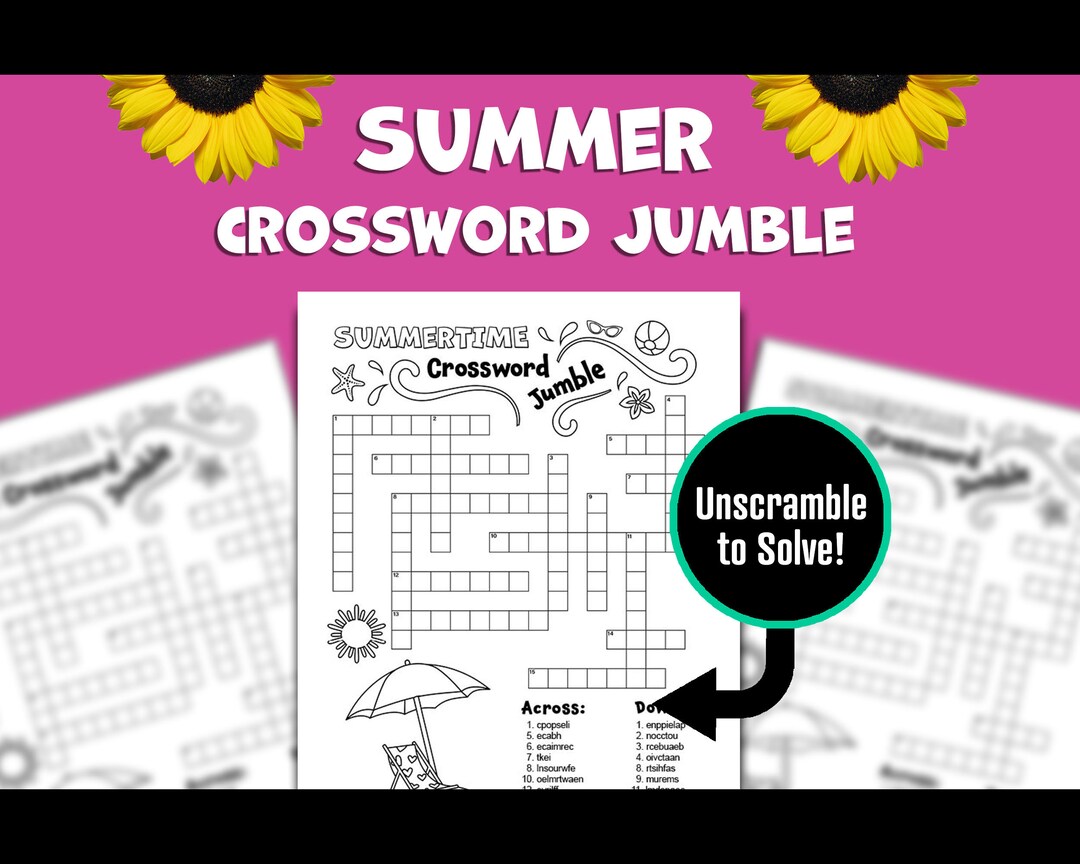 Printable Summer Crossword Puzzle: Word Scramble Game for Kids and ...