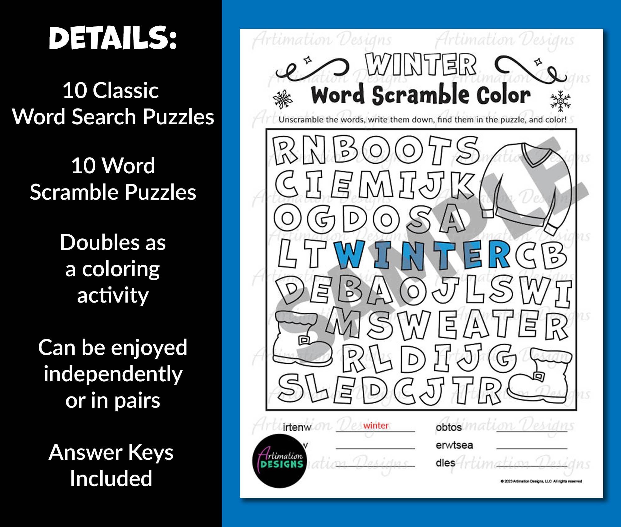 Printable Winter Word Search Coloring Pages: Kids Word Scramble ...
