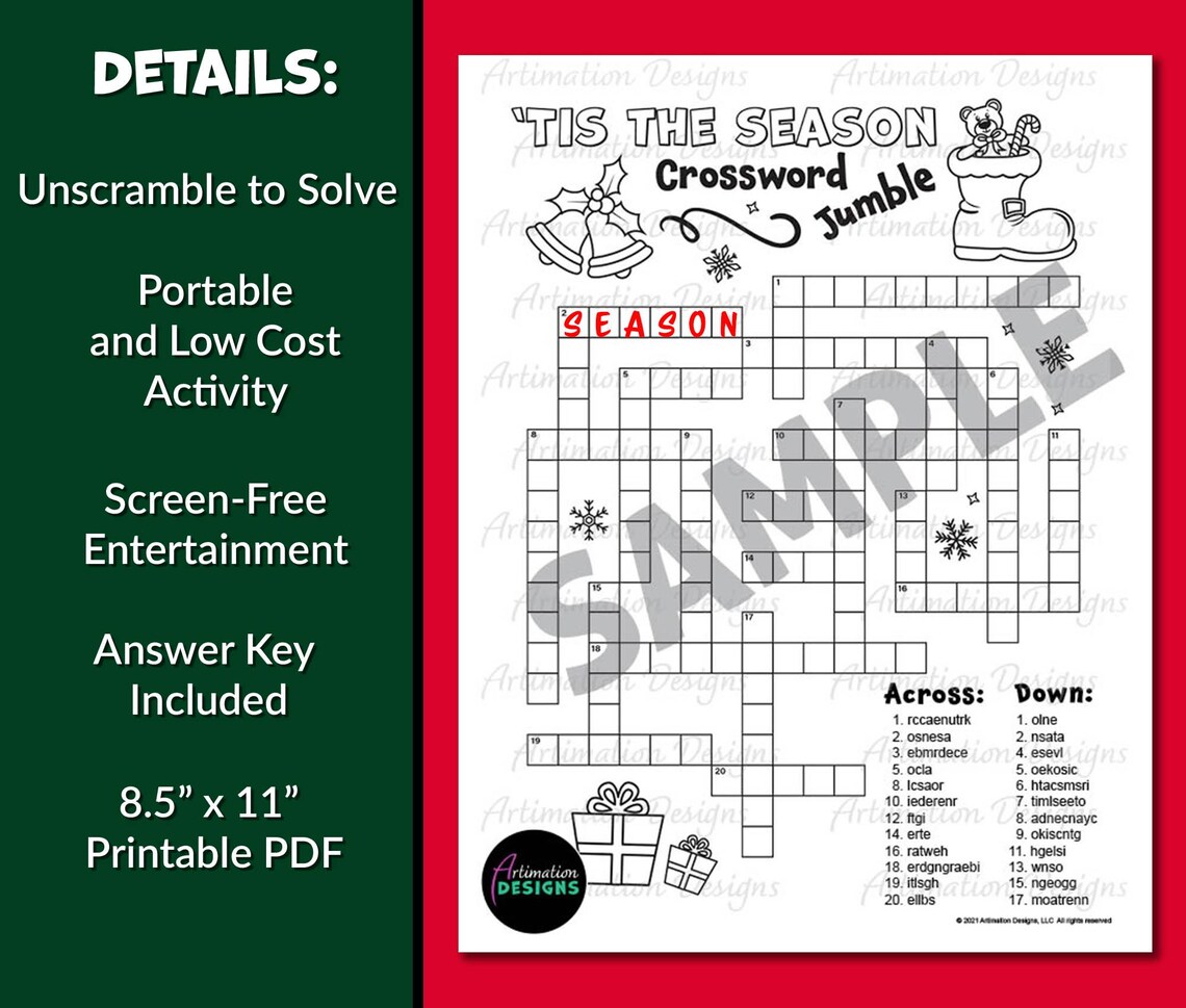 Printable Christmas Crossword Puzzle: Winter Word Scramble Activity for ...