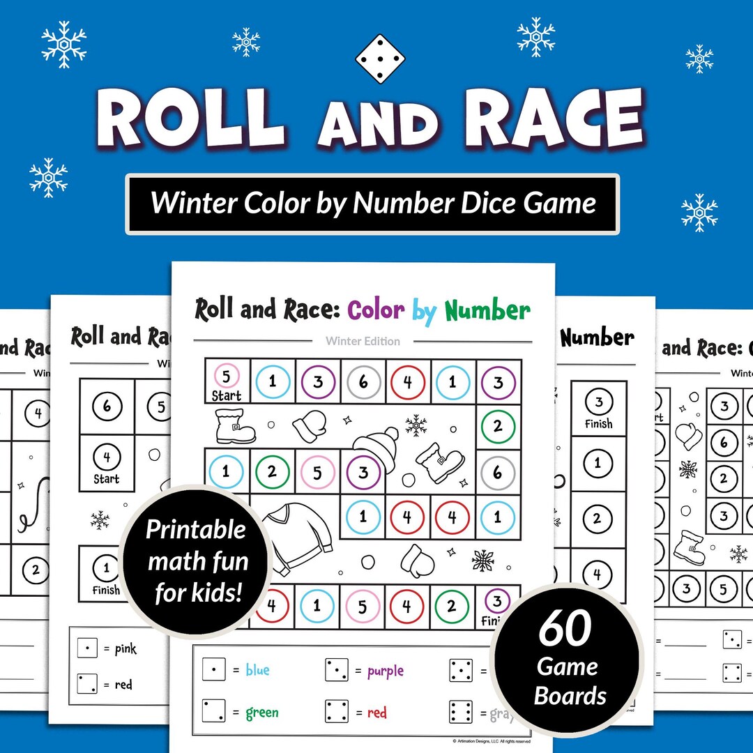Printable Winter Color by Number Dice Game for Kids Roll and Race Math ...