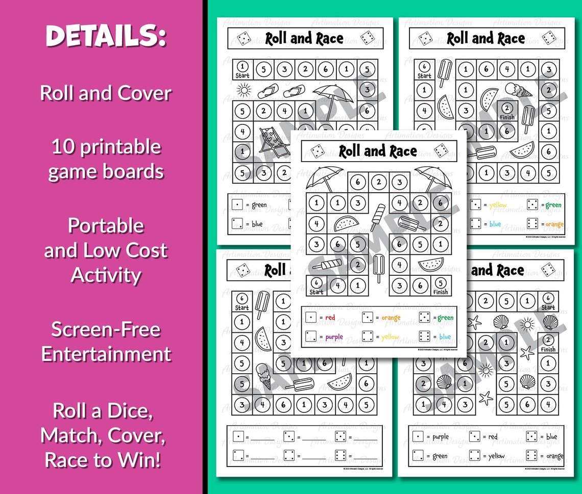 Printable Roll and Race Dice Game: Summer Fun Color by Number for Kids ...