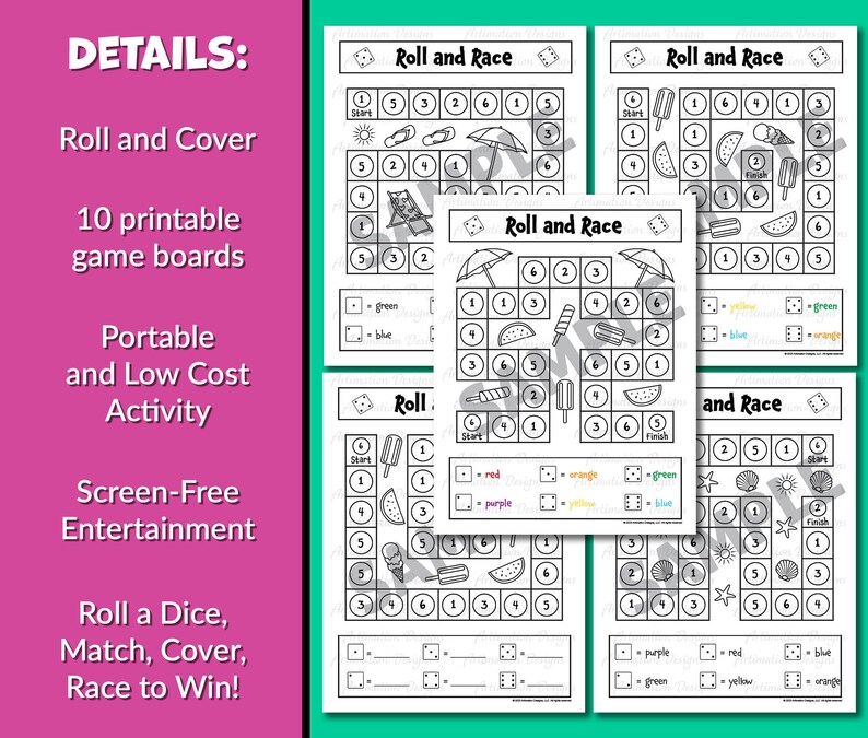 Printable Roll and Race Dice Game: Summer Fun Color by Number for Kids ...