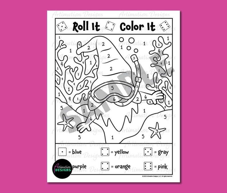 Printable Summer Color by Number: Roll and Color Dice Game, Cute Gnome ...