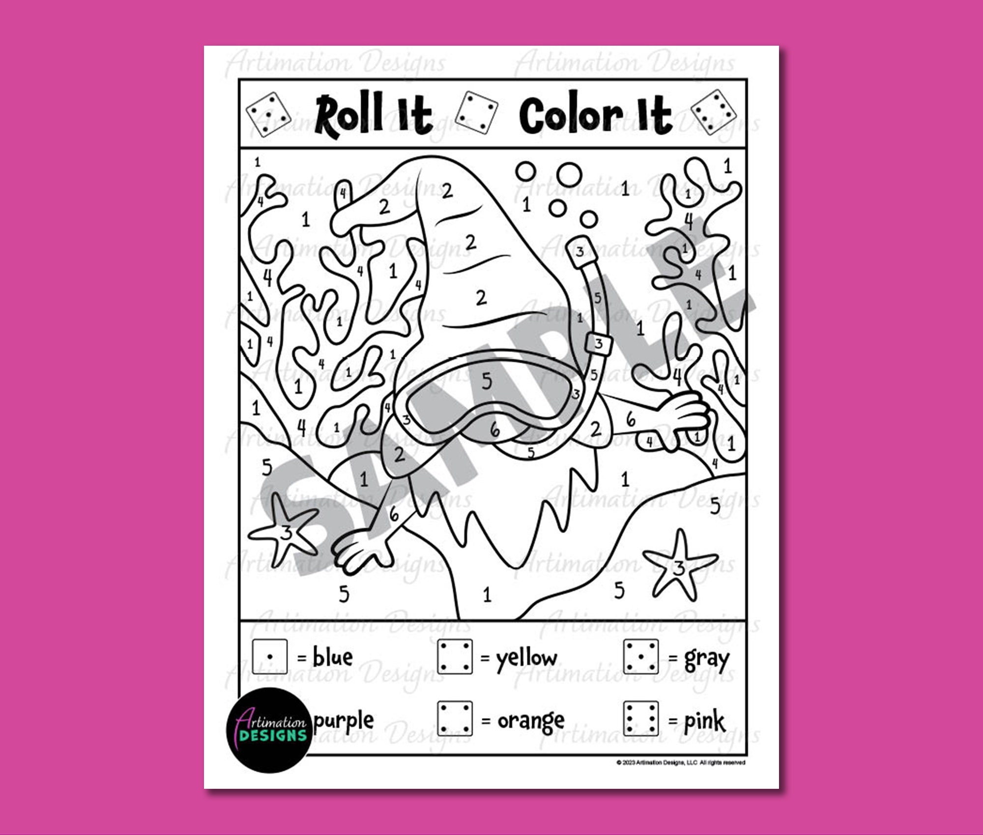 Printable Summer Color by Number: Roll and Color Dice Game, Cute Gnome ...