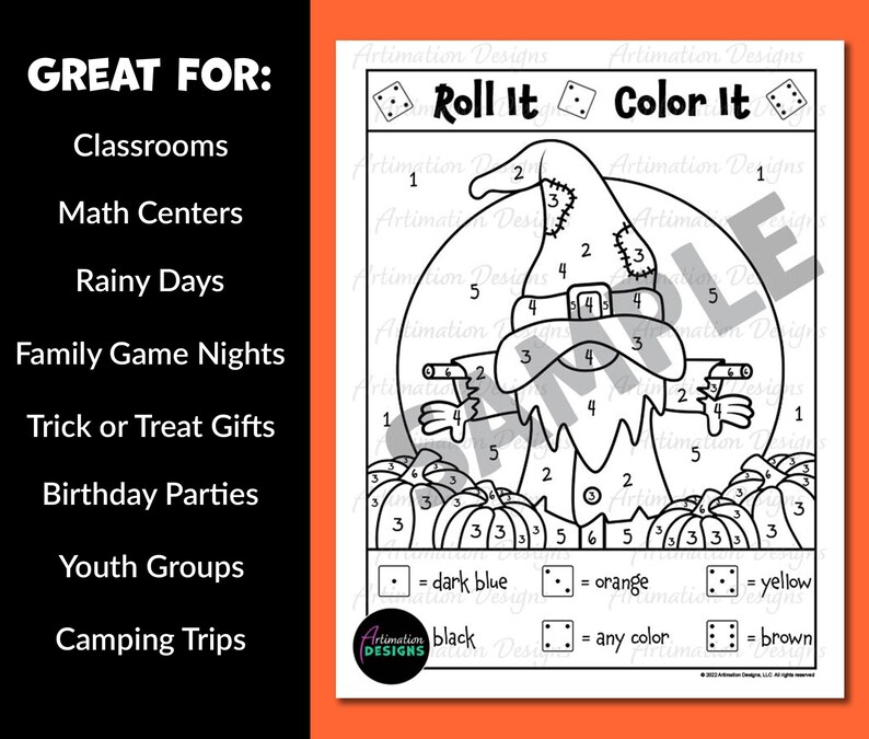 Printable Halloween Coloring Pages: Cute Roll and Color Dice Game for ...