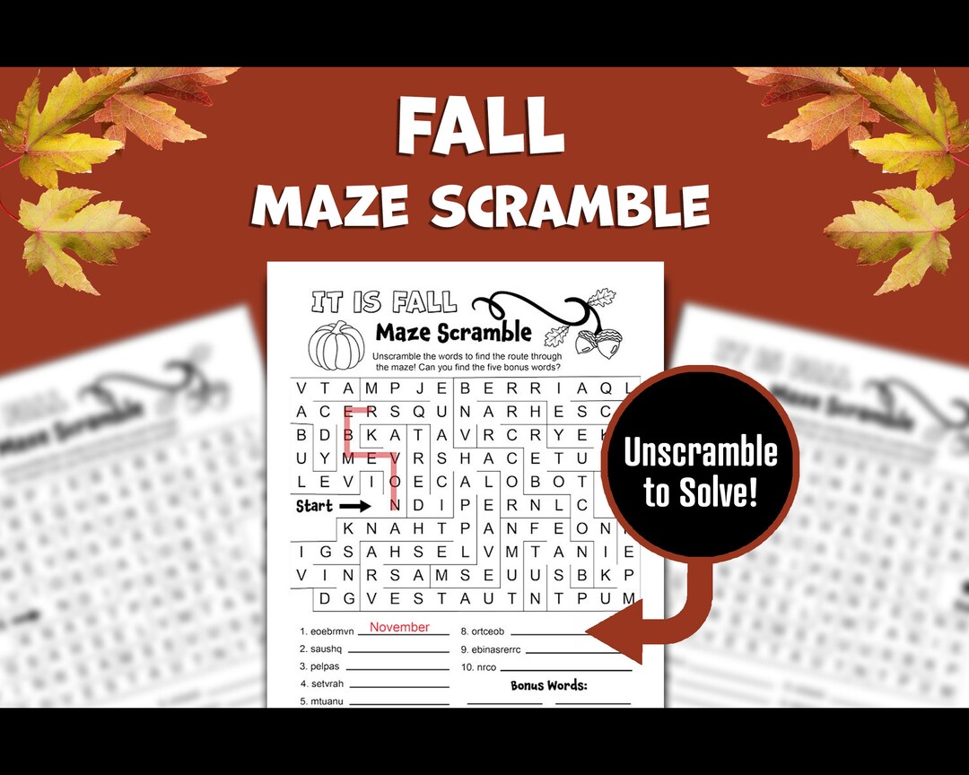 Printable Fall Maze Puzzle: Fun Word Scramble Autumn Kids Word Search ...