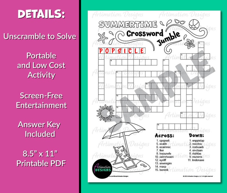 Printable Summer Crossword Puzzle: Word Scramble Game for Kids and ...