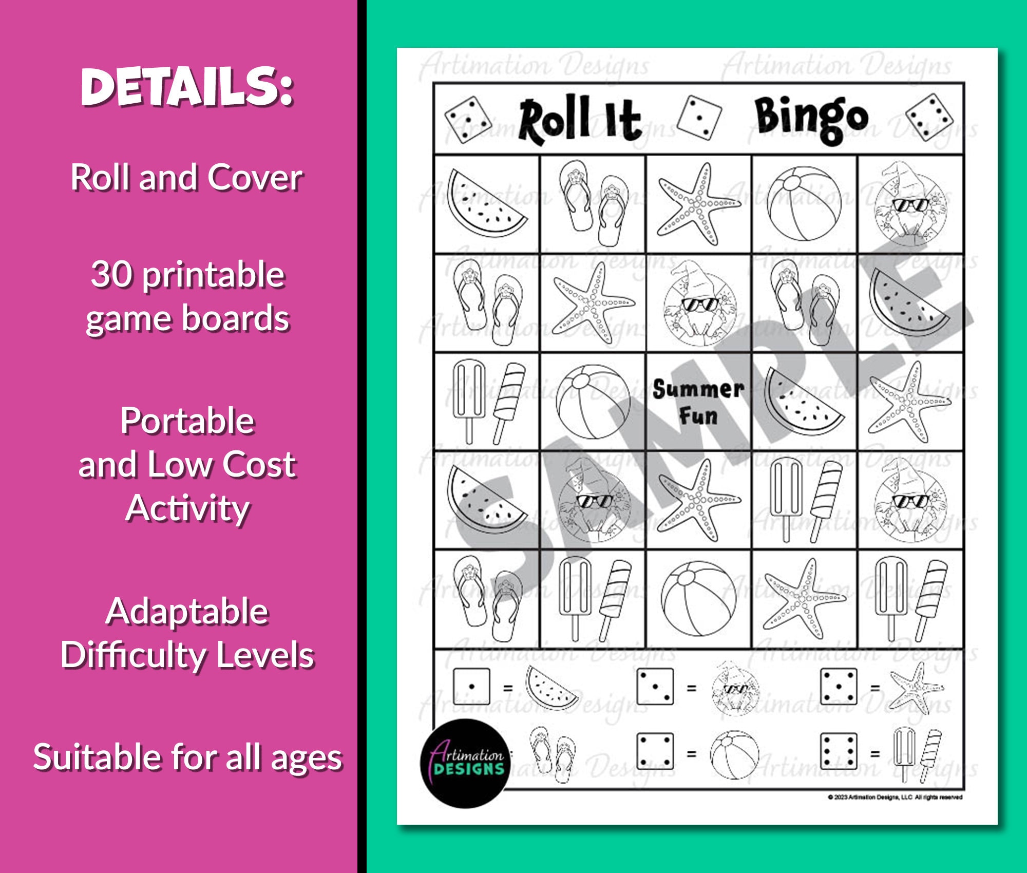 Summer Printable Bingo Dice Game: Roll and Cover Kids Activity ...