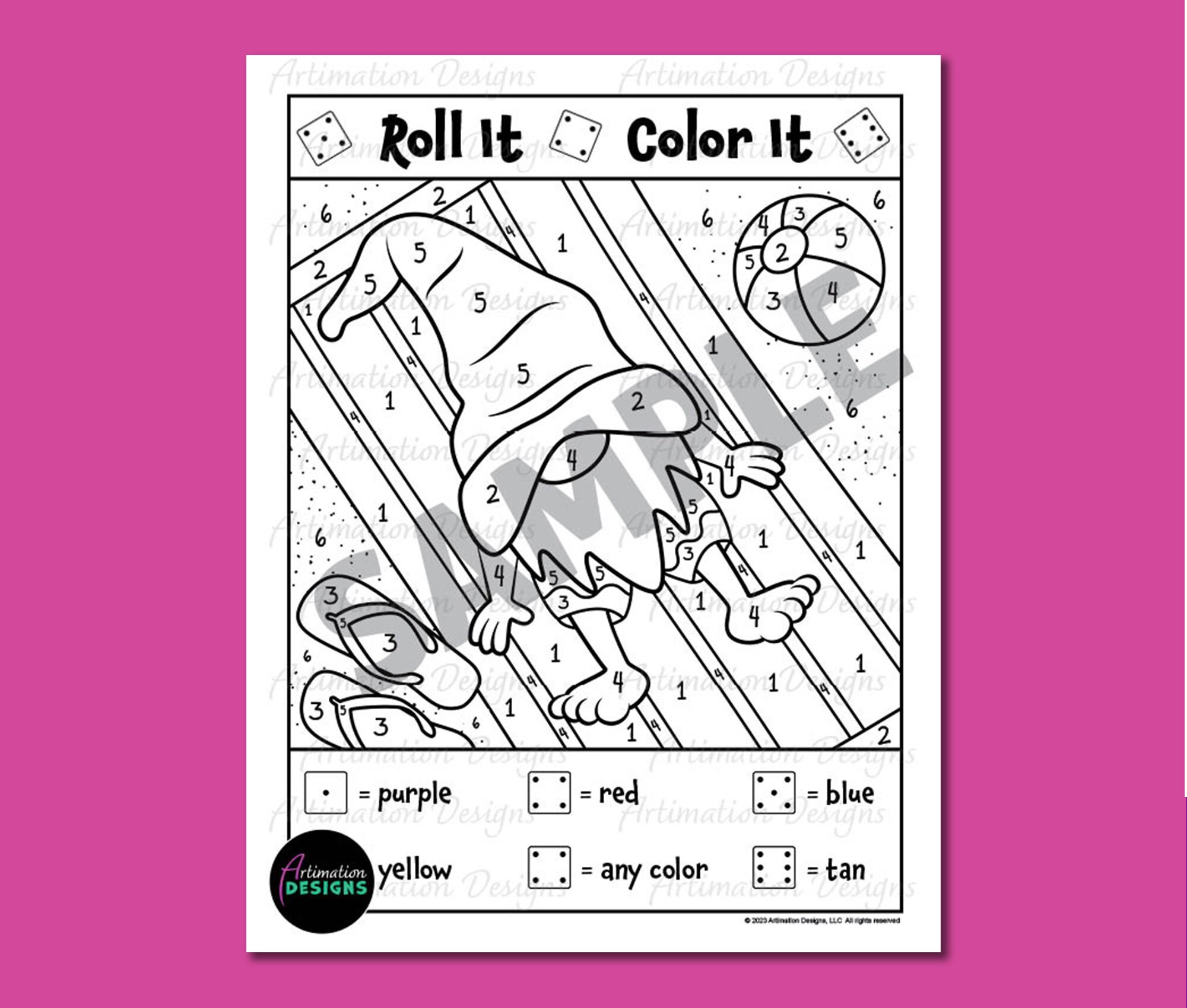 Printable Summer Color by Number: Roll and Color Dice Game, Cute Gnome ...