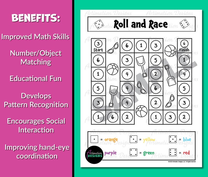Printable Roll and Race Dice Game: Summer Fun Color by Number for Kids ...