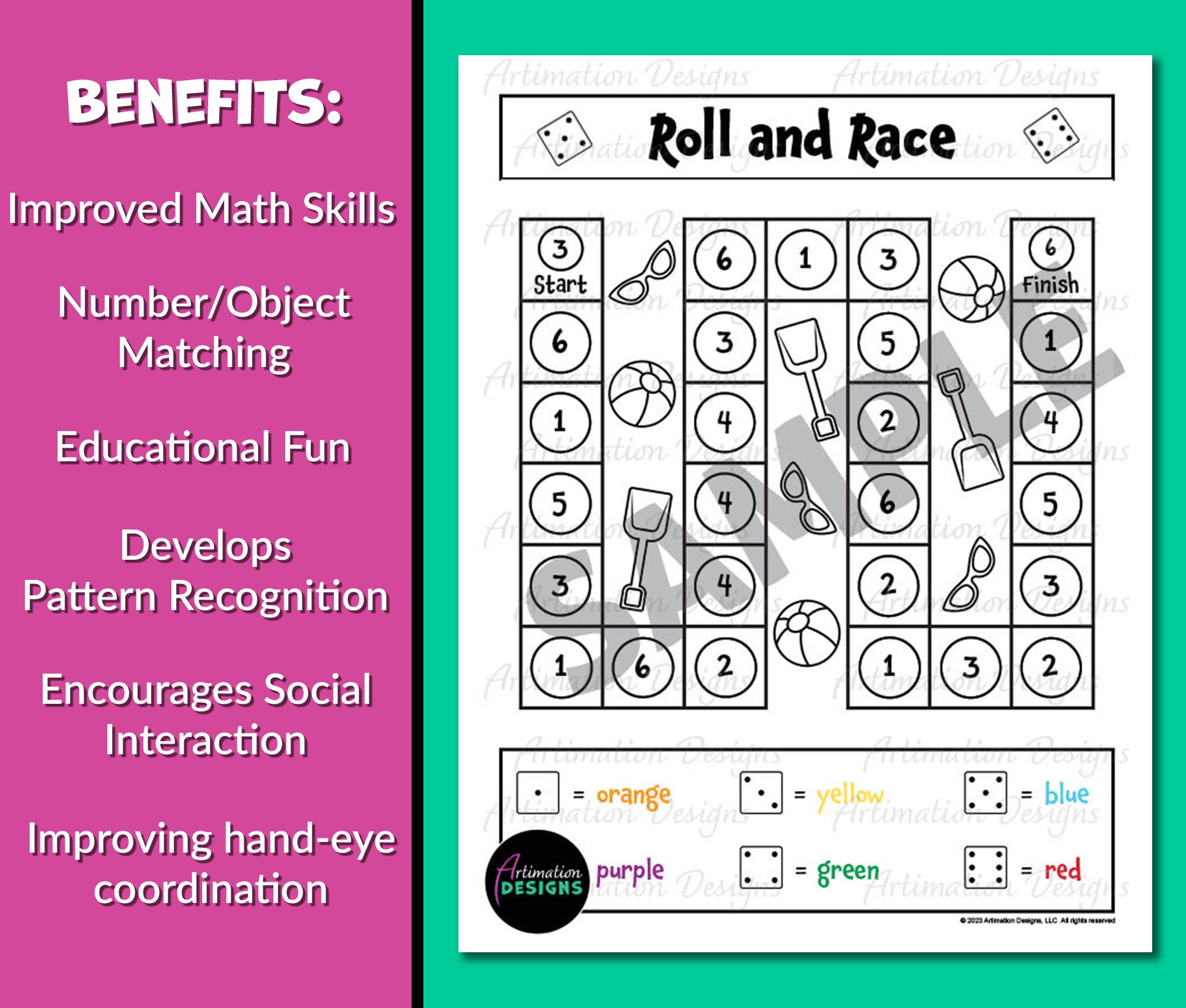 Printable Roll and Race Dice Game: Summer Fun Color by Number for Kids ...