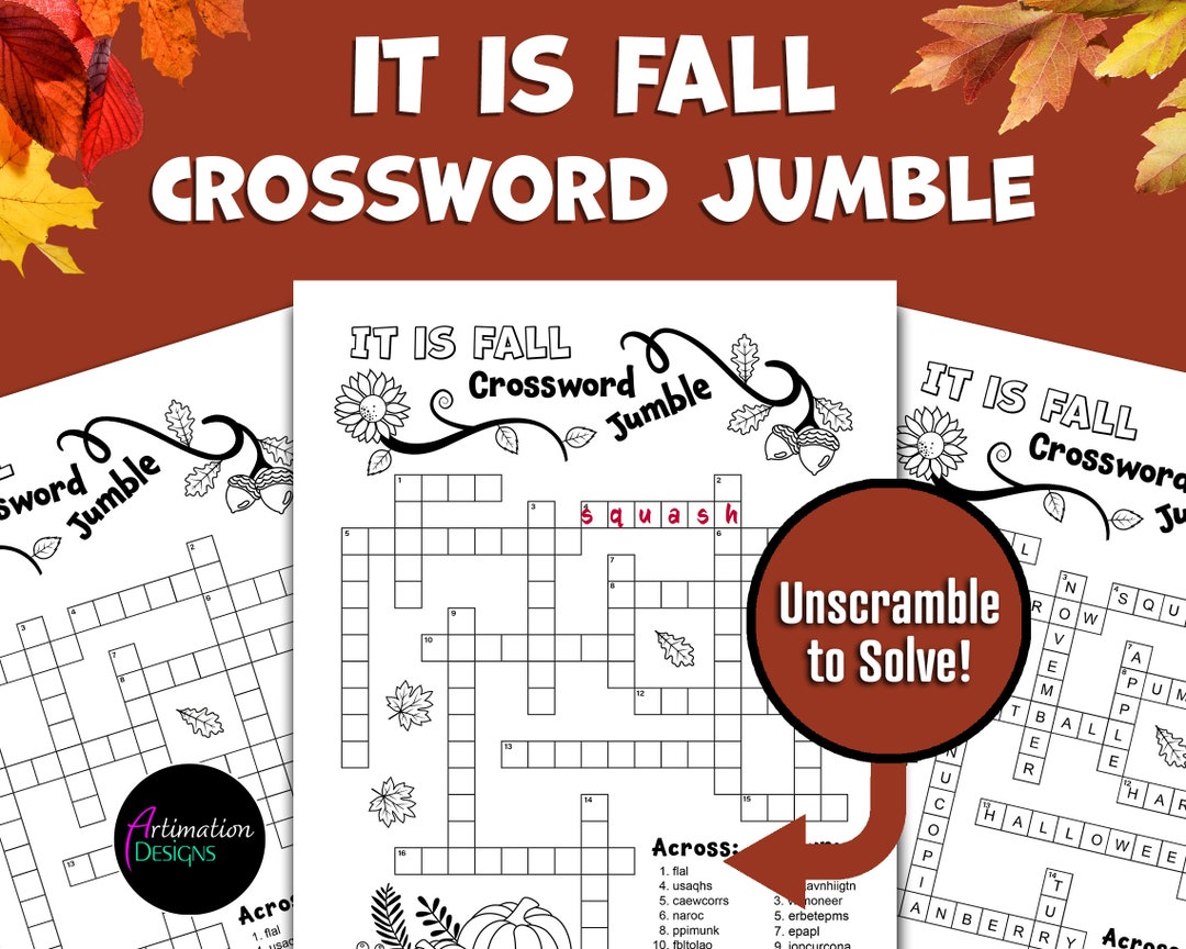 Fall Crossword Puzzle Autumn Word Scramble Printable Word Game for Kids ...