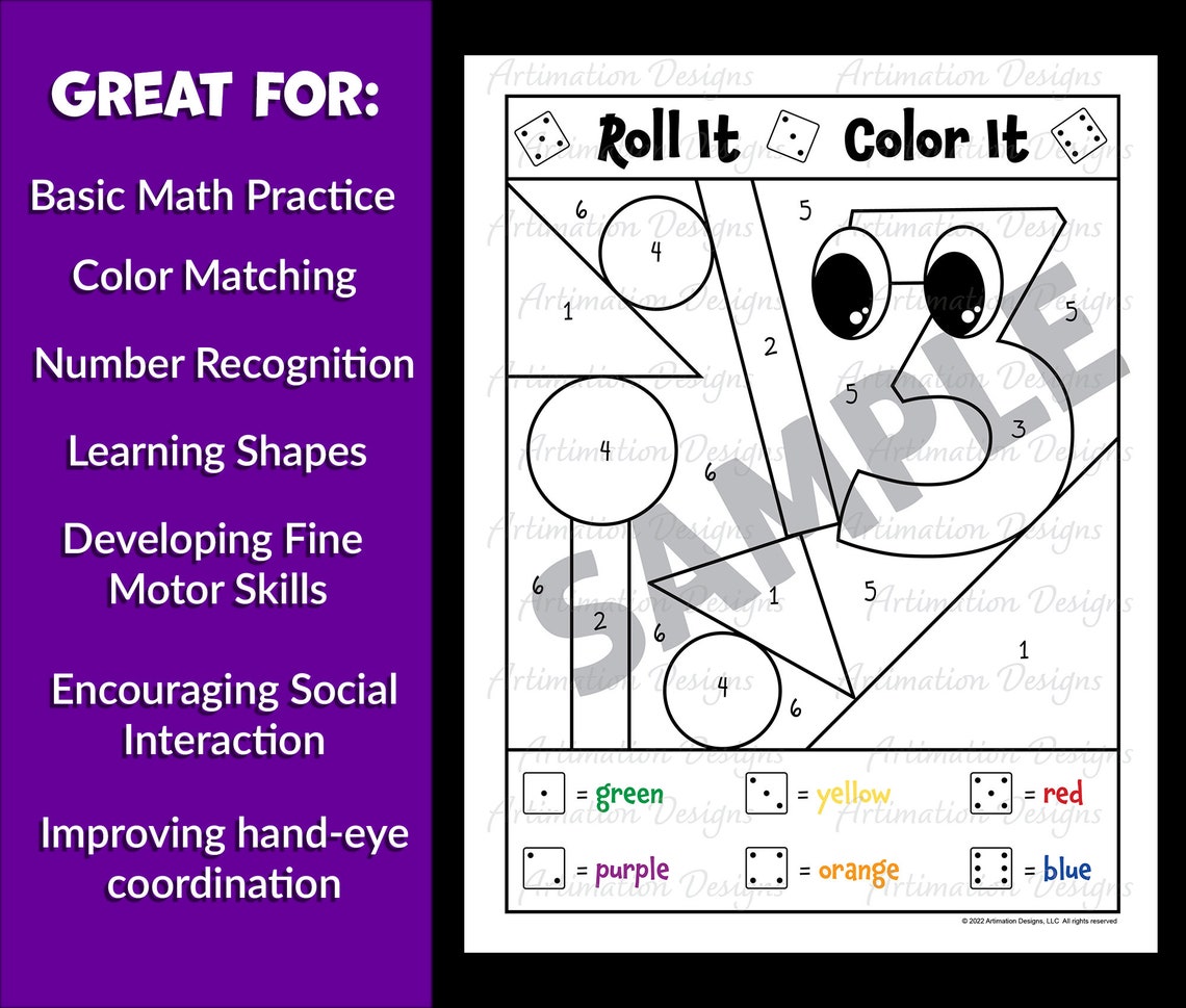 Printable Color by Number: Roll and Color Dice Game, Cute Coloring ...