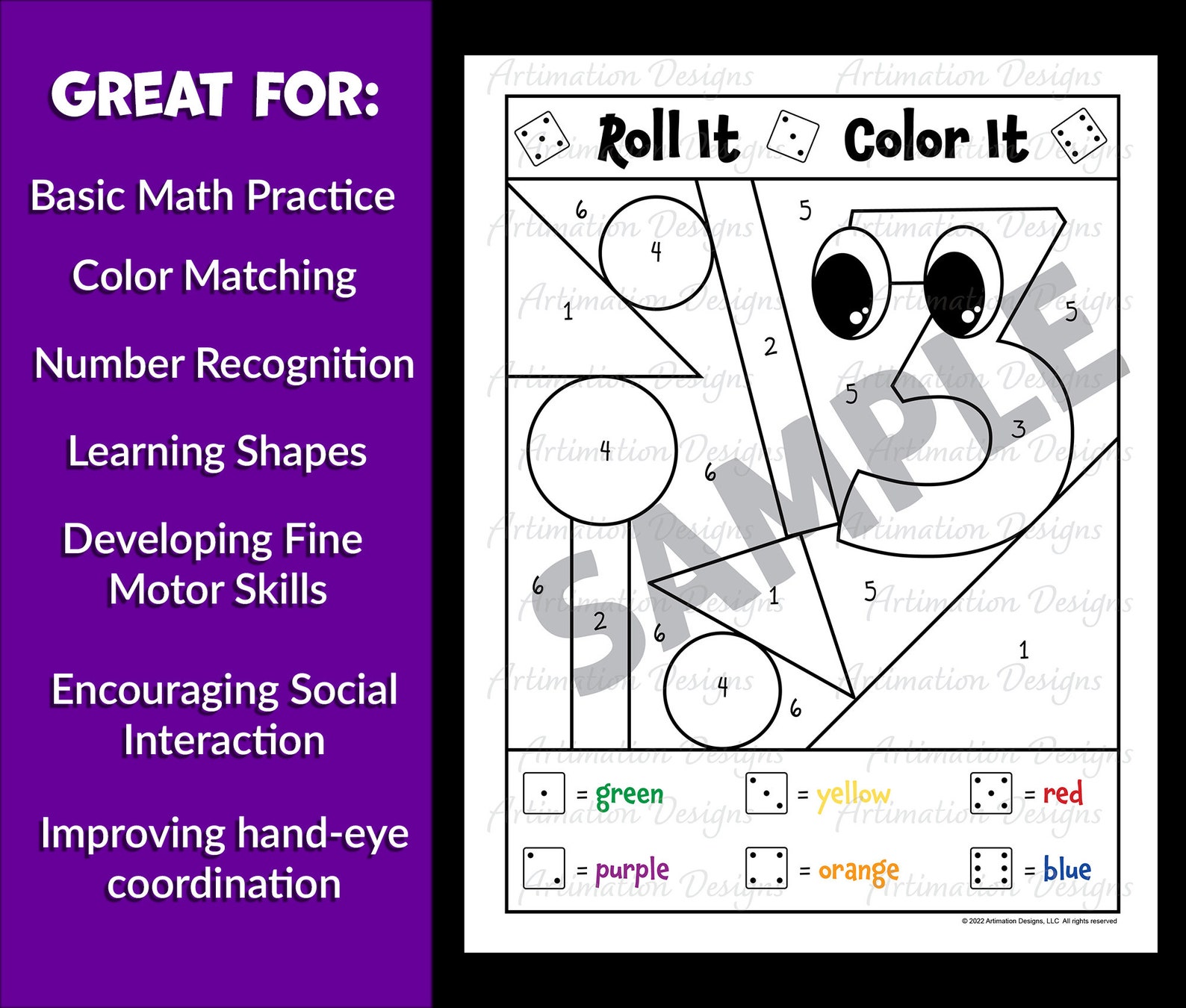 Printable Color by Number: Roll and Color Dice Game, Cute Coloring ...