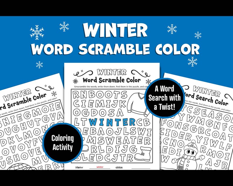 Printable Winter Word Search Coloring Pages: Kids Word Scramble ...