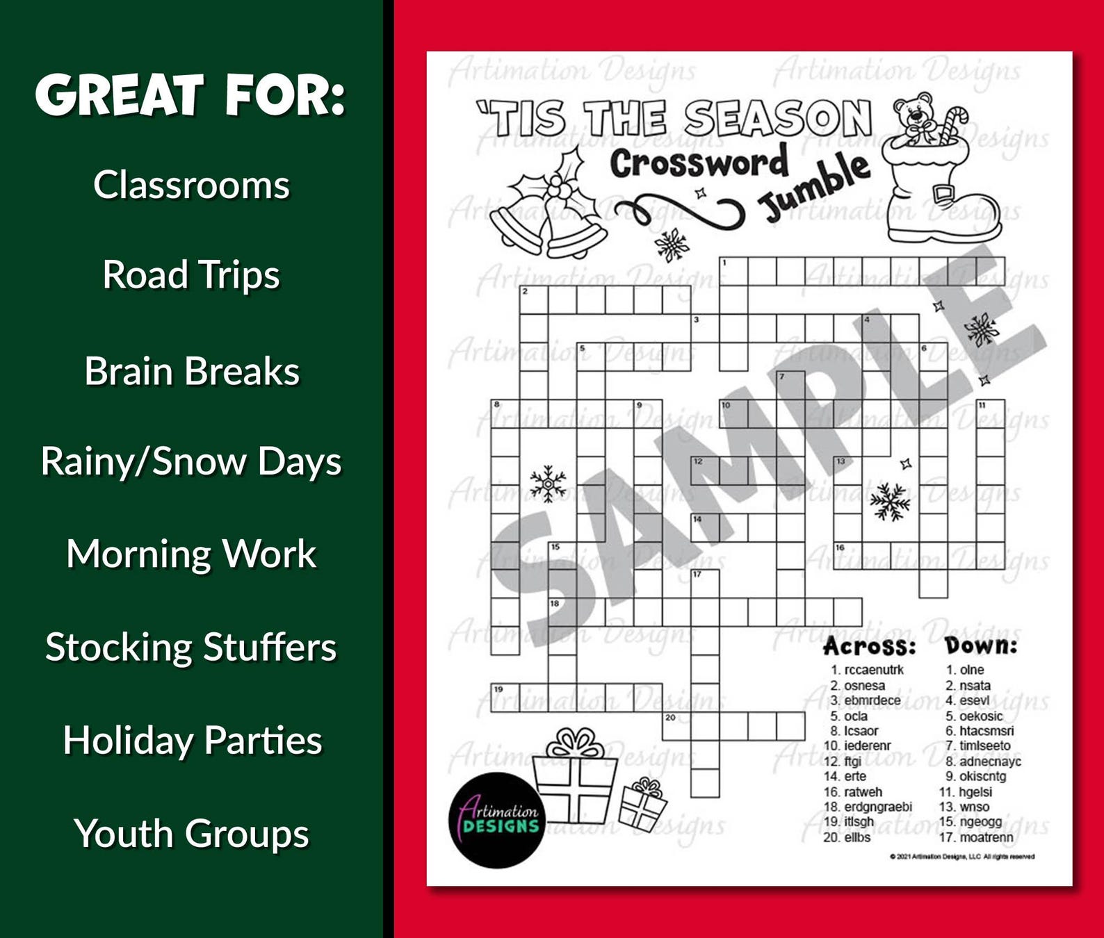 Printable Christmas Crossword Puzzle: Winter Word Scramble Activity for ...