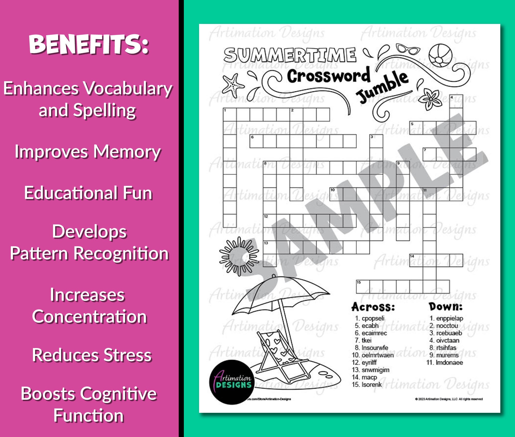 Printable Summer Crossword Puzzle: Word Scramble Game for Kids and ...