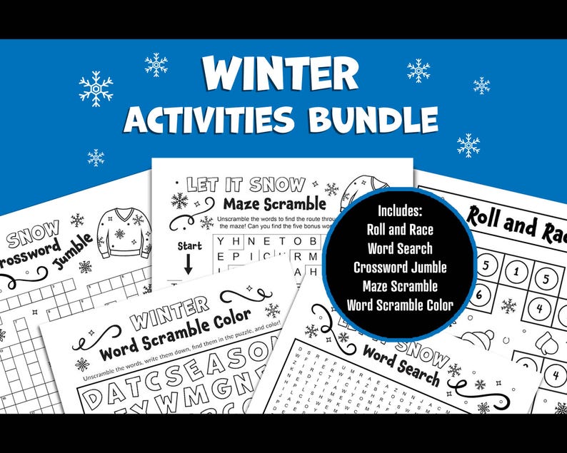 Printable Winter Games for Kids: Roll and Race Dice Game - Word Scramble Coloring Pages ...