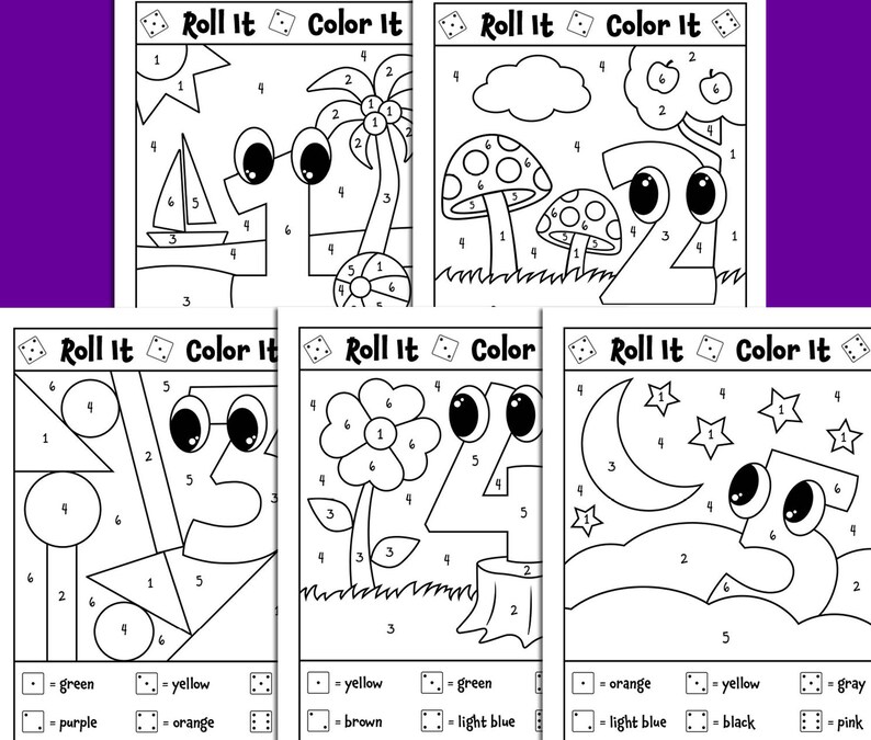Printable Color by Number: Roll and Color Dice Game, Cute Coloring ...