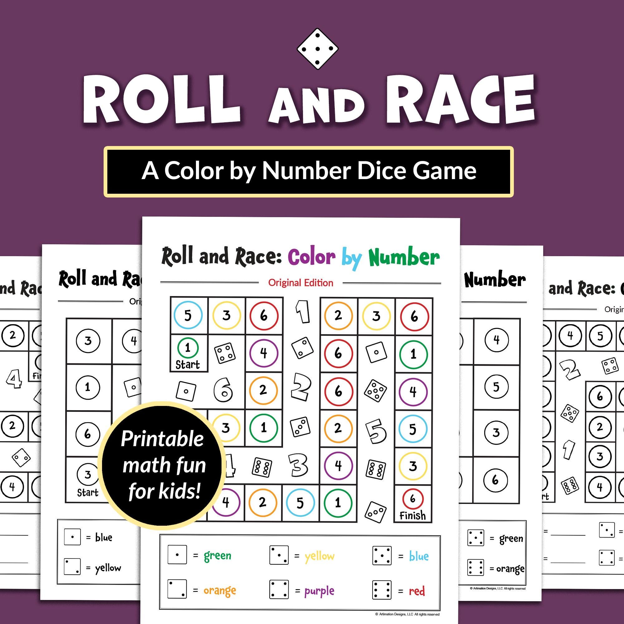 Color by Number Printable Dice Game for Kids Roll and Cover Math ...