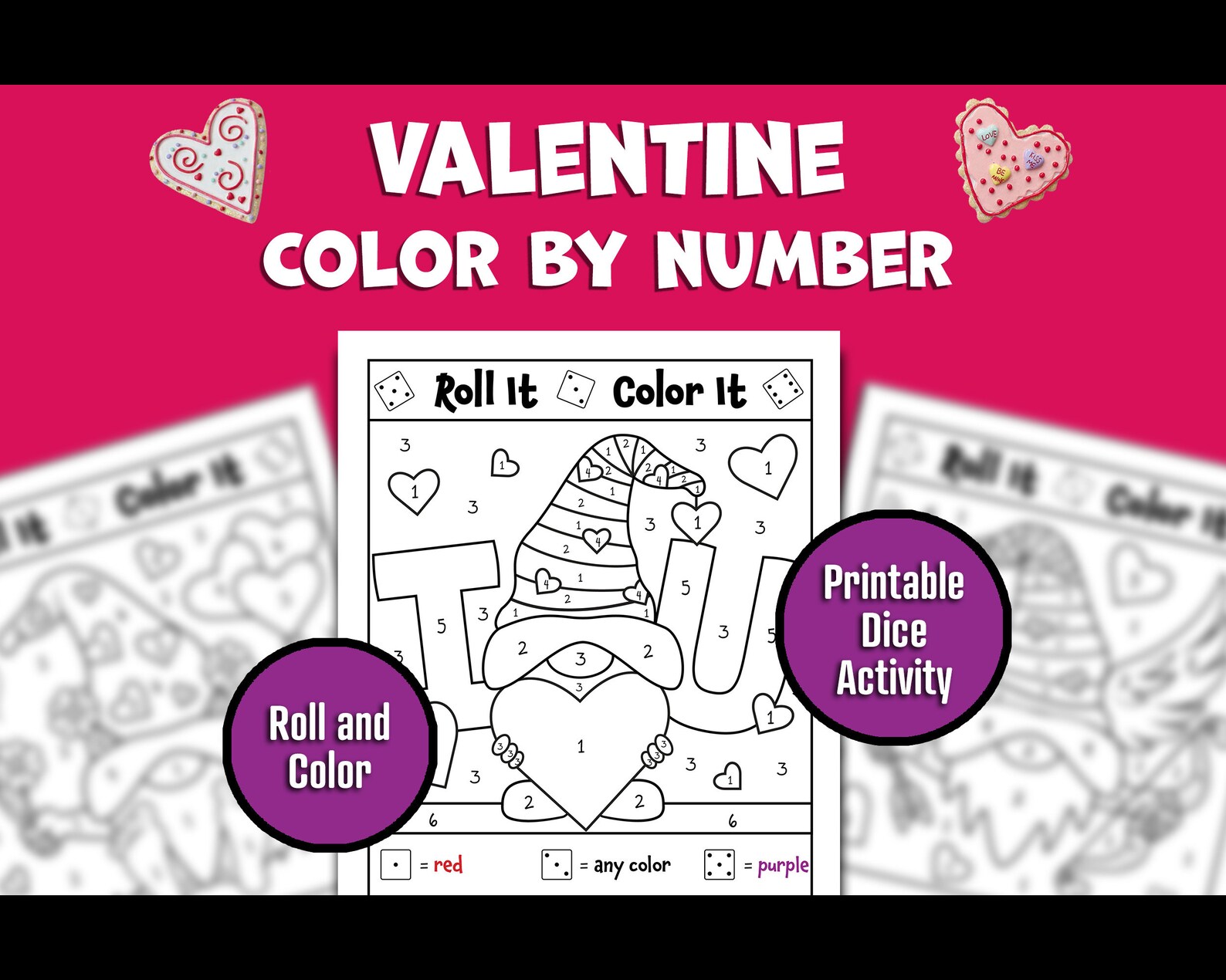 Printable Valentine Gnome Color by Number: Roll and Color Dice Game ...
