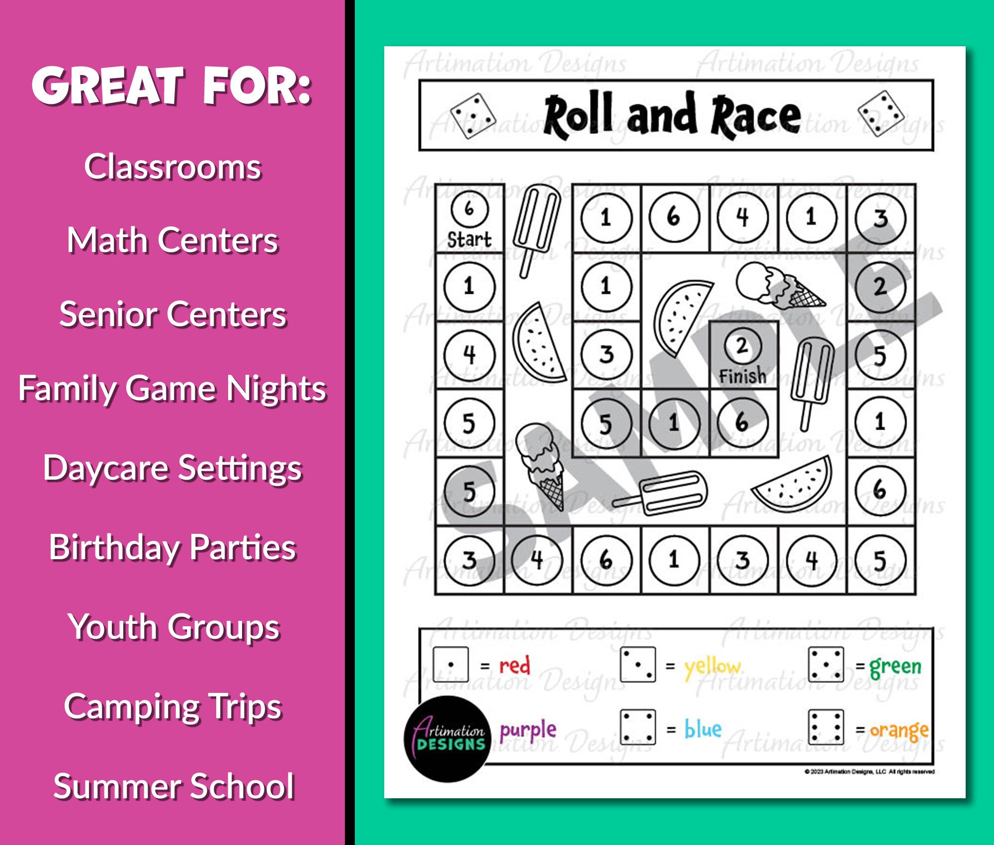 Printable Roll and Race Dice Game: Summer Fun Color by Number for Kids ...